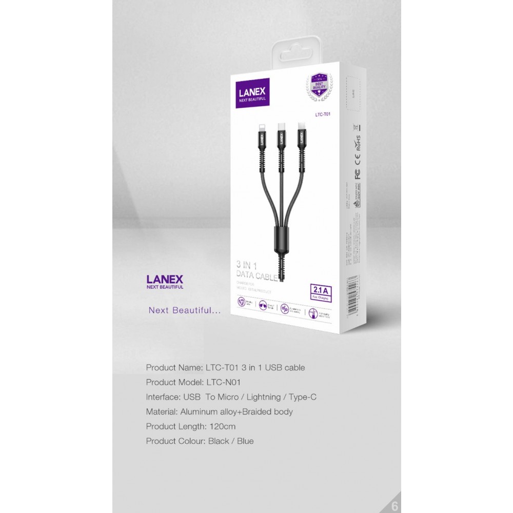 LANEX LTC-T01 1 PULL 3 CABLE 1.2M BLACK